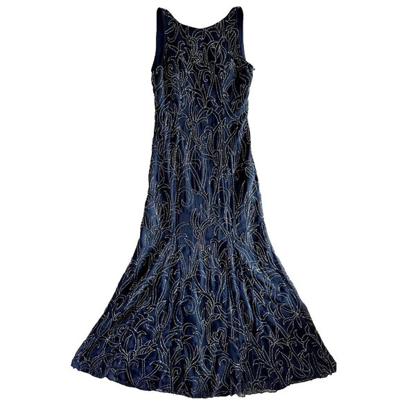 Scala | Dresses | Vintage Scala Long Silk Beaded Gown Womens Large Navy ...